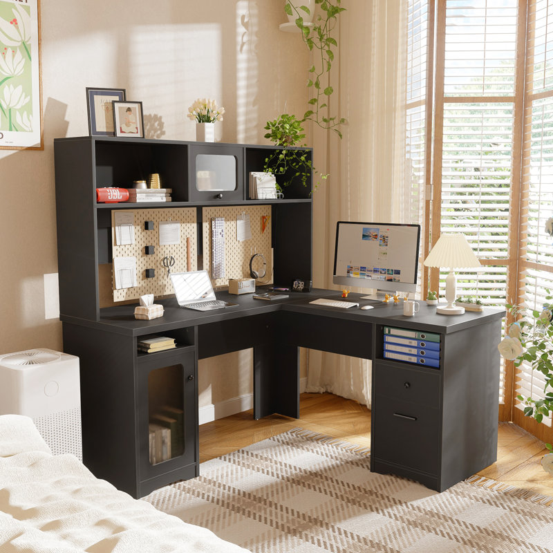 Minelly 60 L Shaped Executive Desk with Drawer Hutch Power Outlet and LED Lights Black